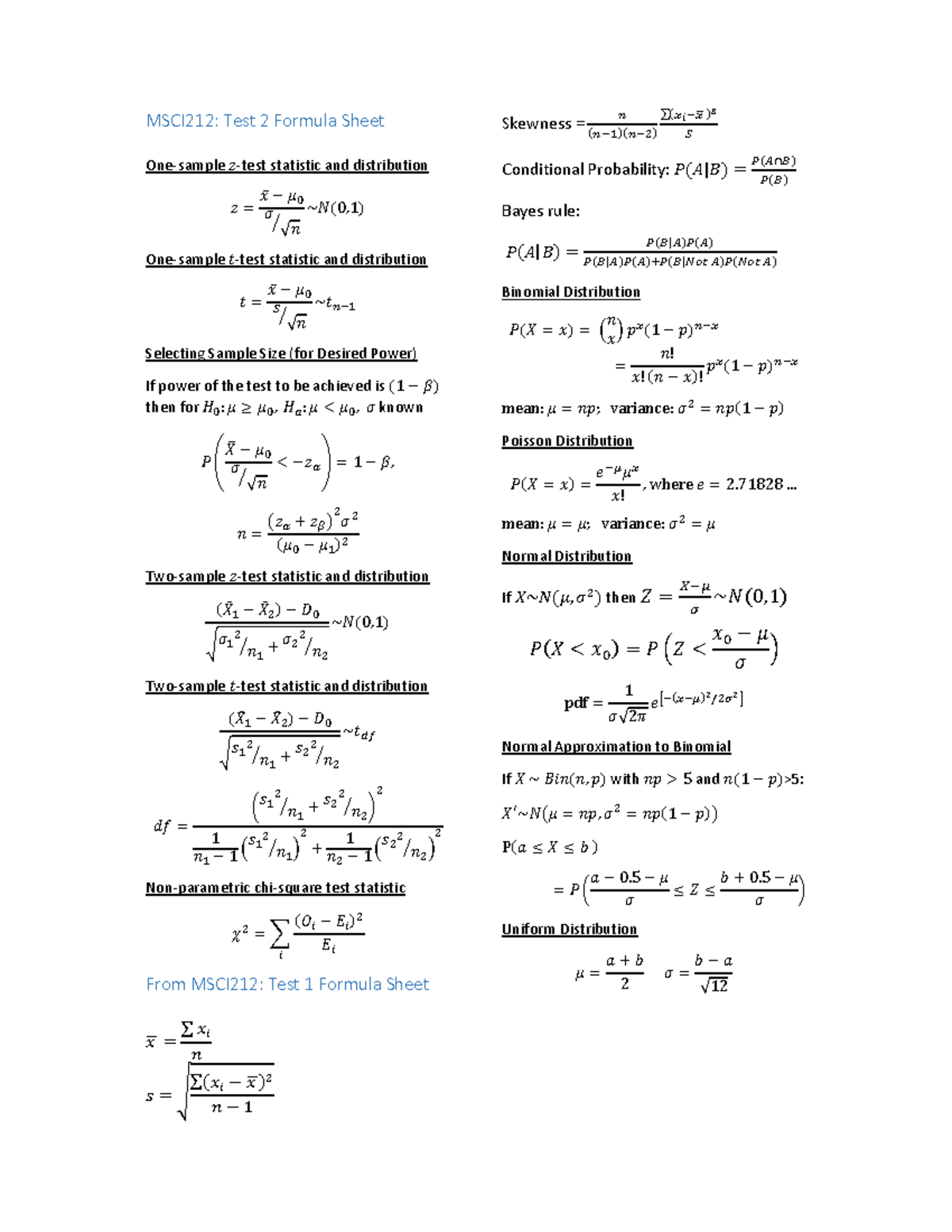 MSCI212 Test 2 Formulas and Tables - MSCI212: Test 2 Formula Sheet One ...