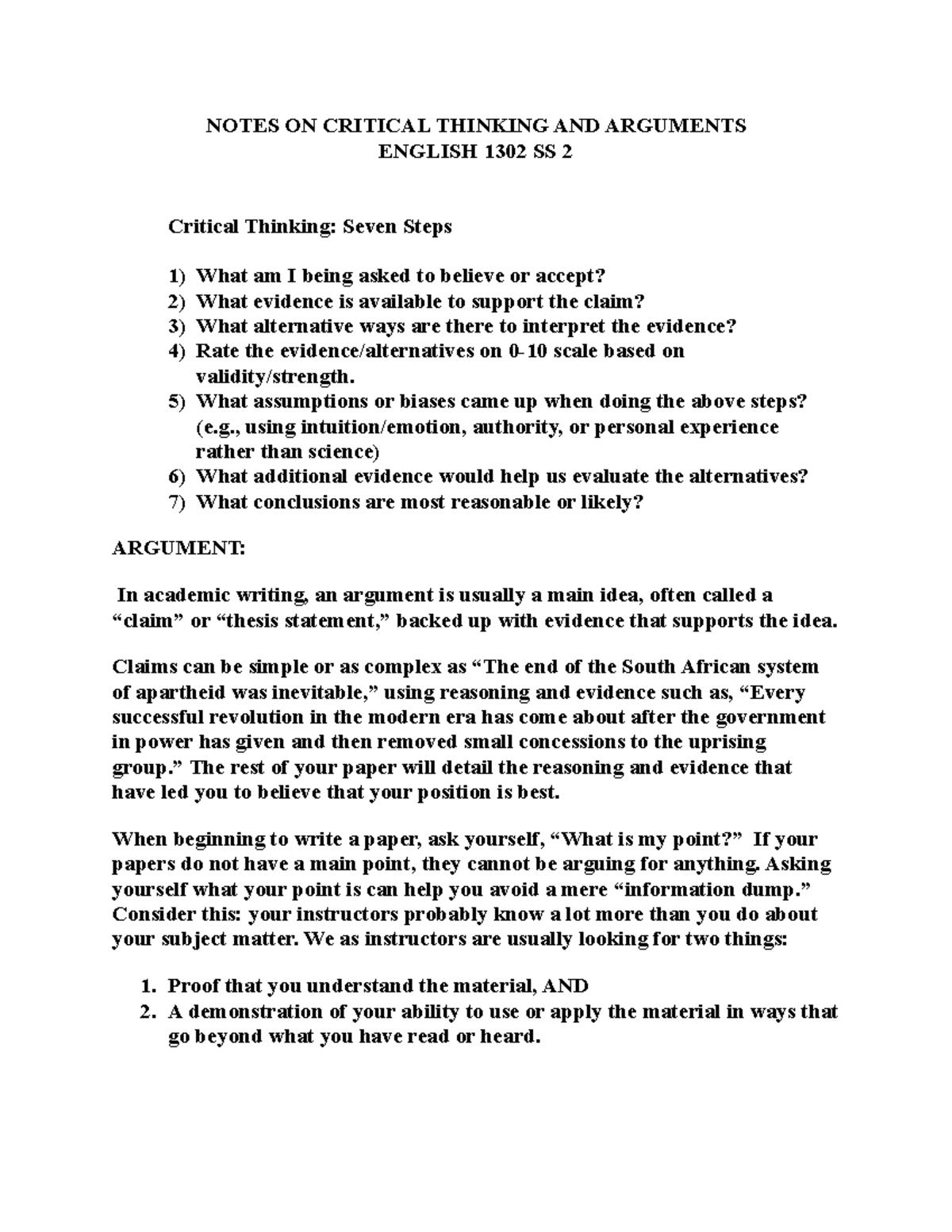 Critical Thinking & Argumentation Notes ENGL 1302 SS 2 - Studocu