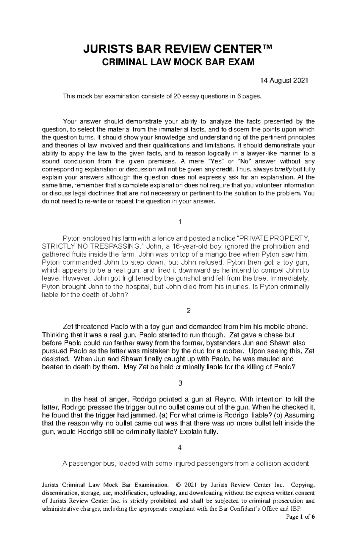 Criminal Law Mock Bar Examination (Jurists Review Center) - 2021 ...