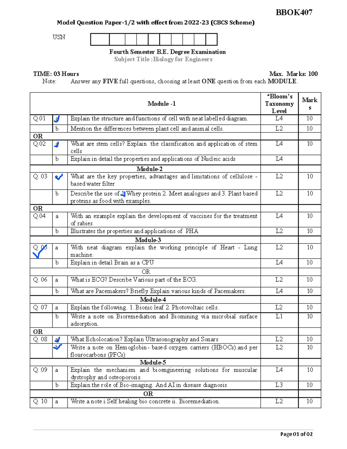 BBOK407 BIO - Model Question Paper for Biology for Engineers Exam - Studocu