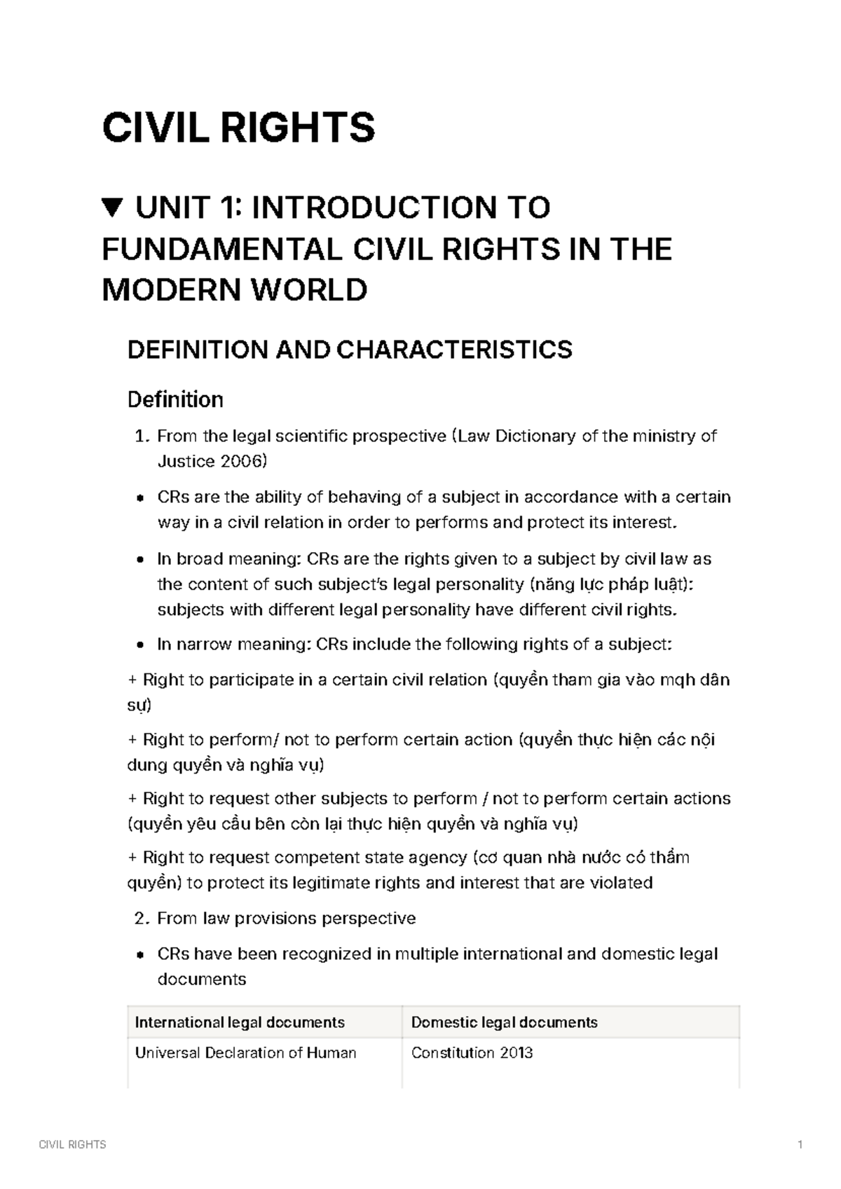 CIVIL RIGHTS UNIT 1: INTRODUCTION TO FUNDAMENTAL CIVIL RIGHTS AND THEIR ...