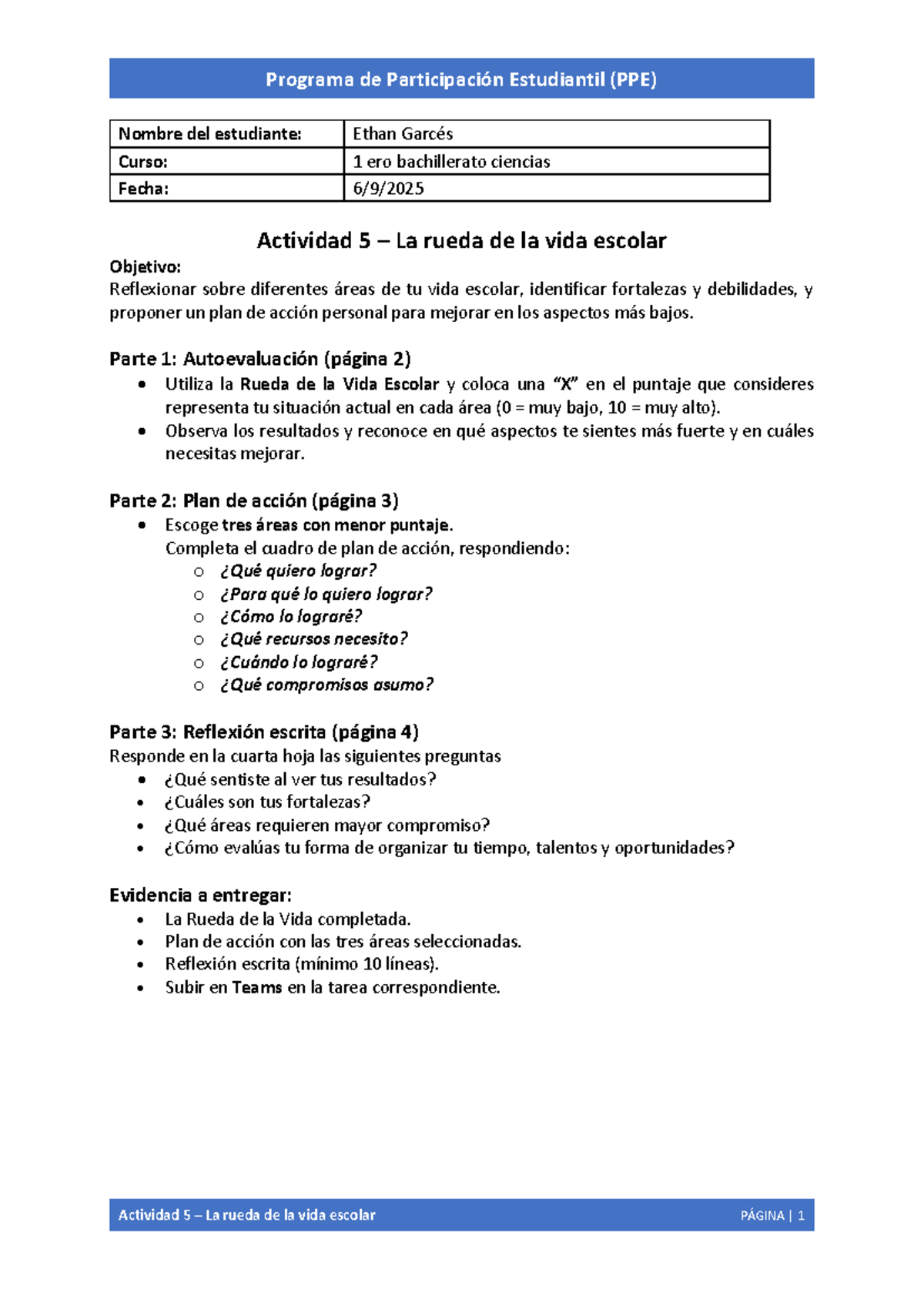 Actividad 5 - La Rueda de la Vida Escolar (PPE) - Studocu