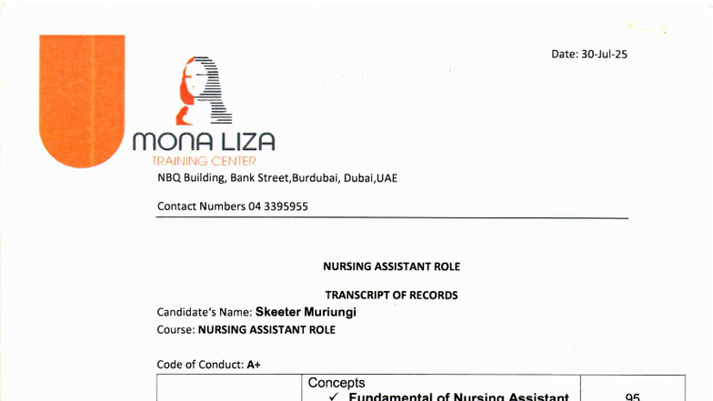 NURSING ASSISTANT ROLE Transcript of Records - MONA LIZA TRAINING ...