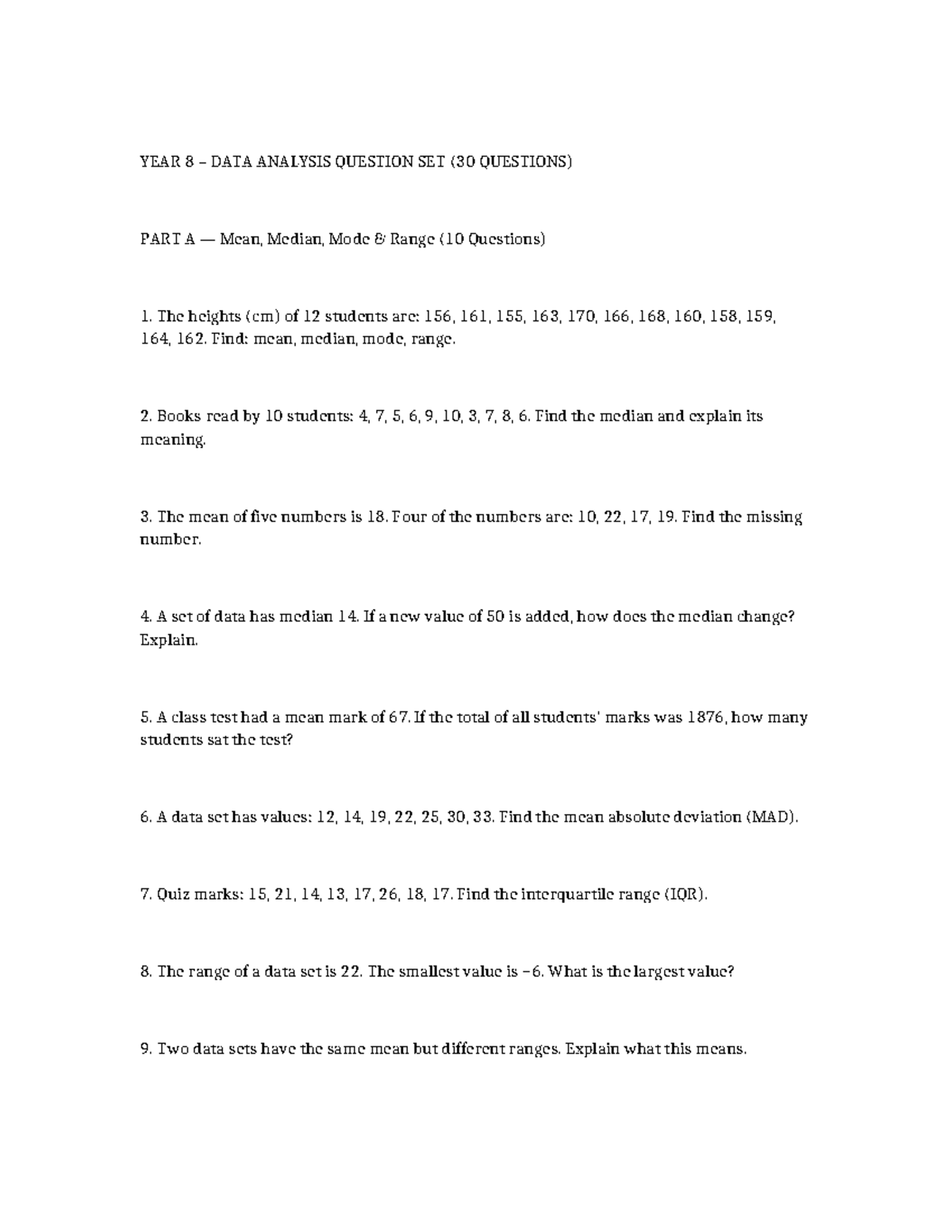 YEAR 8 DATA ANALYSIS QUESTIONS SET: MEAN, MEDIAN, MODE & GRAPHS - Studocu
