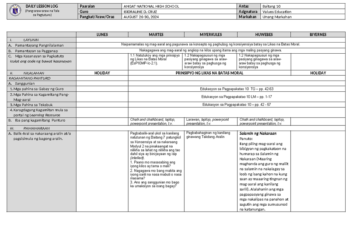 Daily Lesson Log for Values Education (Grade 10) - Aug 26-30, 2024 ...
