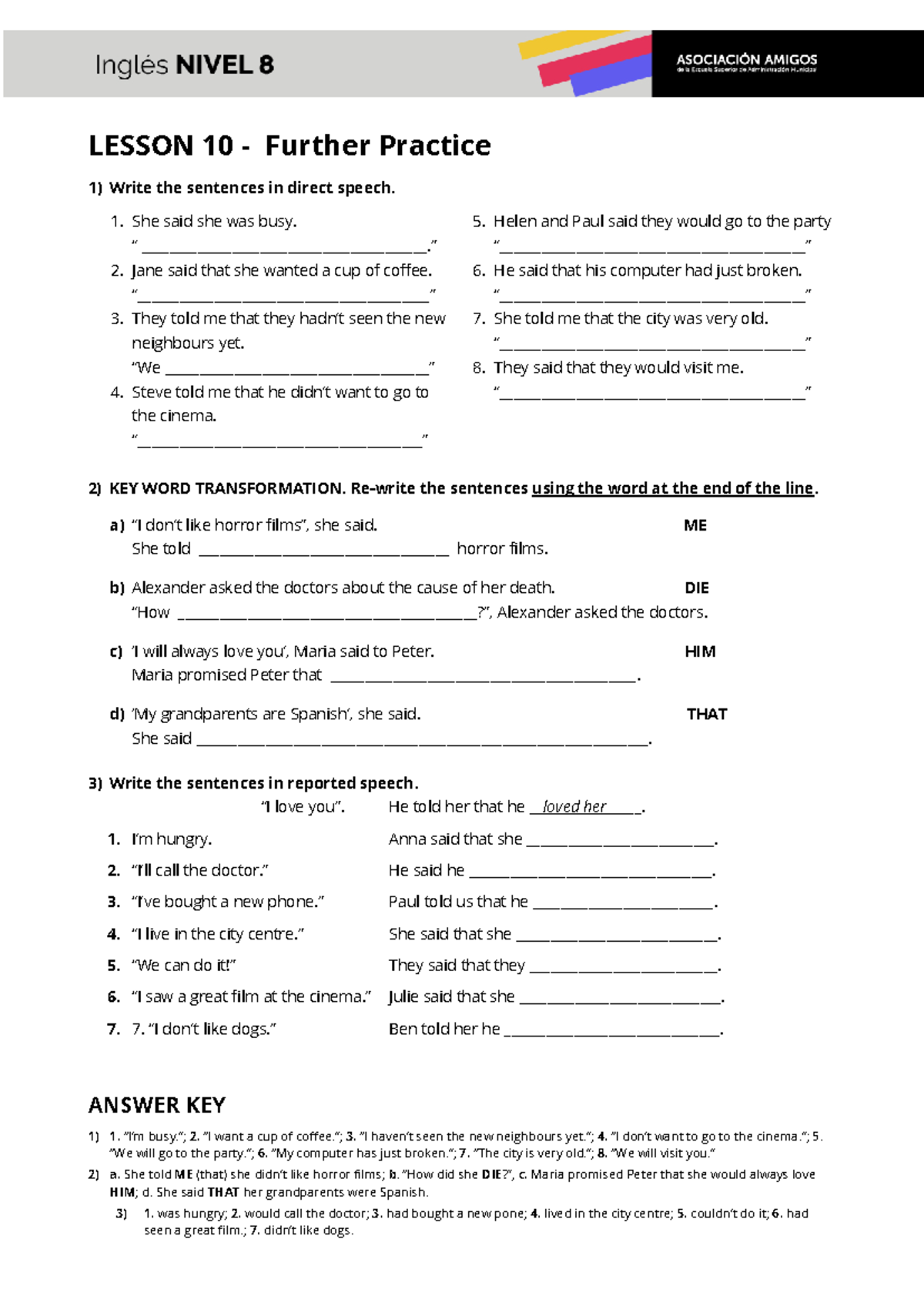 Unit 10 - Lesson Practice: Direct & Reported Speech Exercises - Studocu