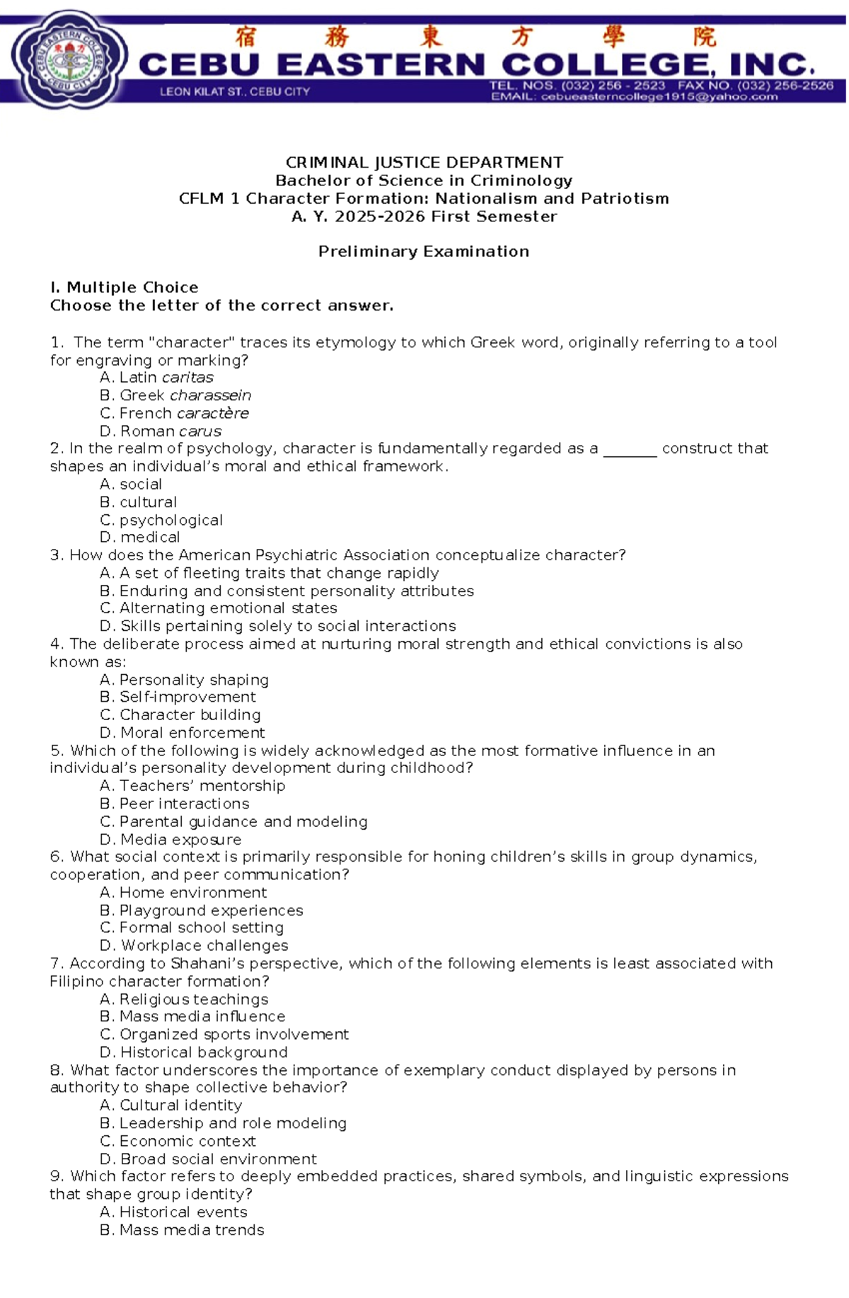 CFLM 1 Preliminary Exam: Character Formation in Criminology - Studocu