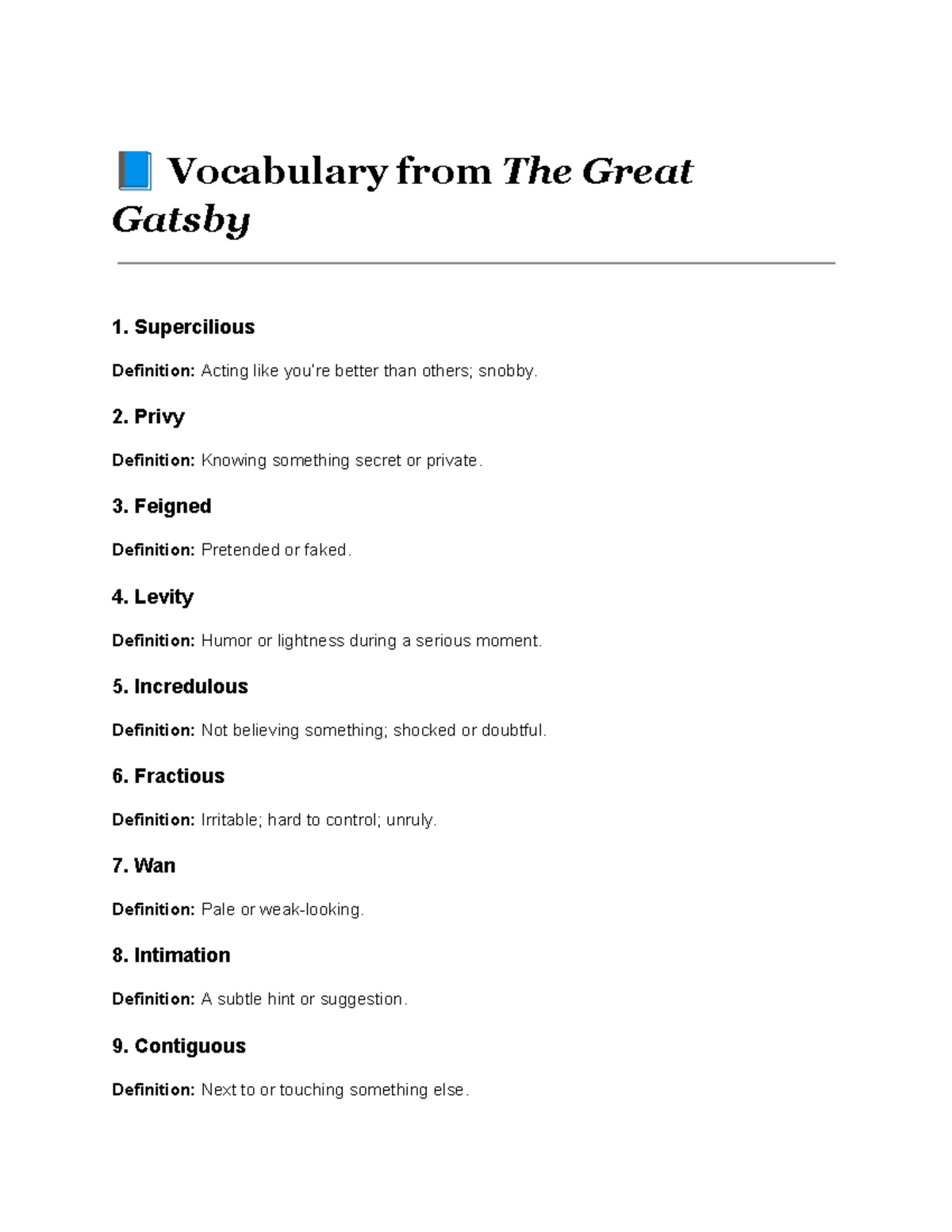 Vocabulary List for The Great Gatsby: Key Terms and Definitions - Studocu