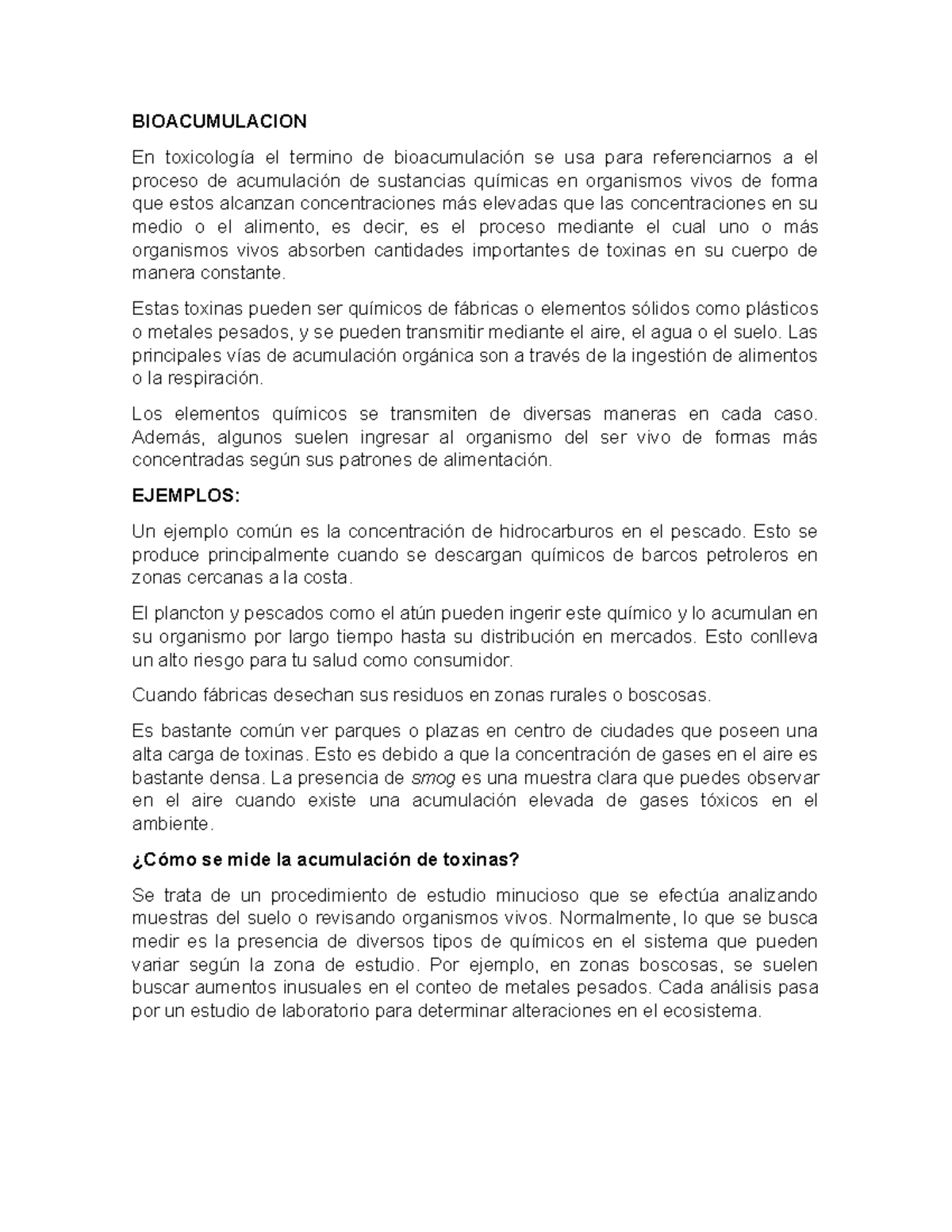 BIOACUMULACION Y BIOCONCENTRACION - BIOACUMULACION En toxicología el ...