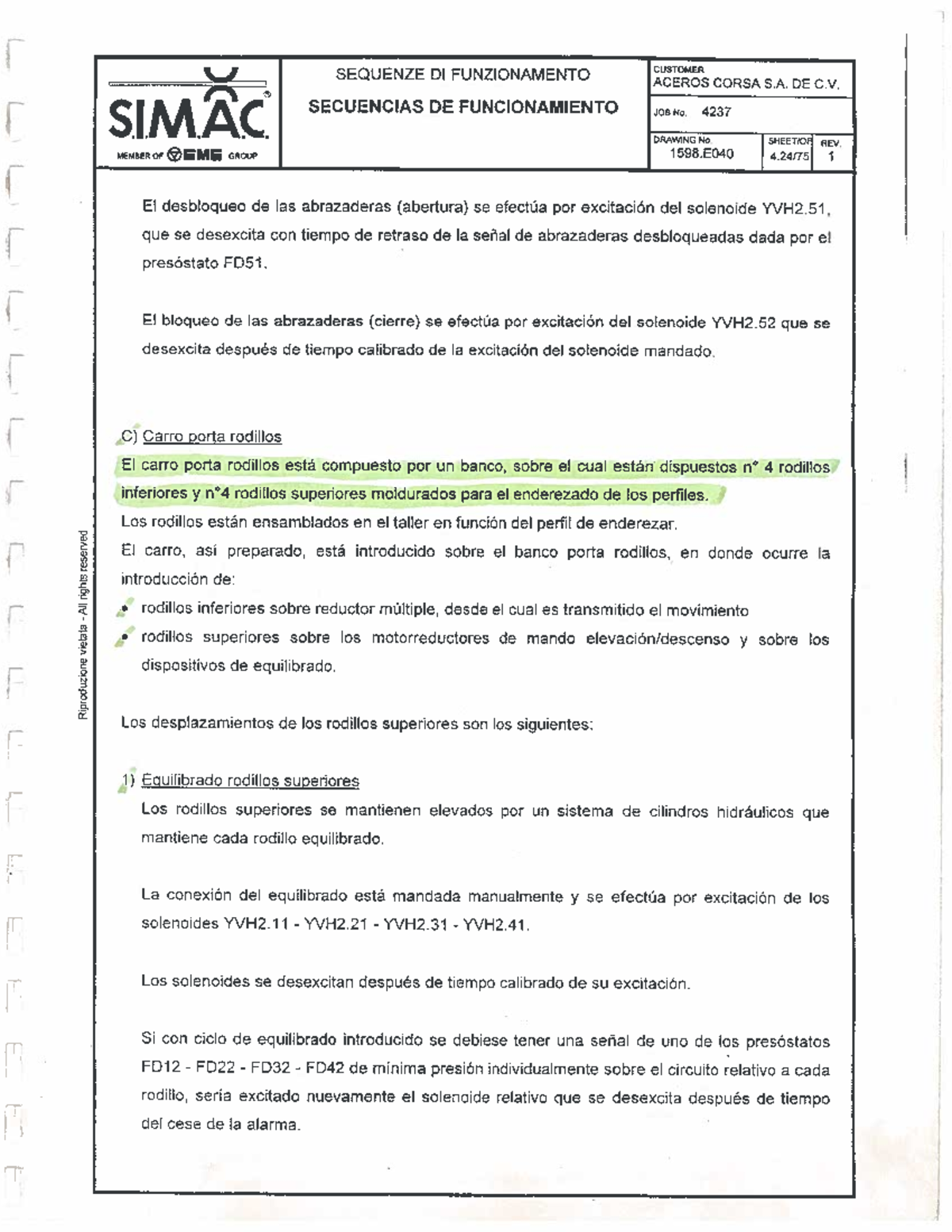 SEQUENZE DI FUNZIONAMENTO JOB No. 4237 - ACEROS CORSA S.A. - Studocu