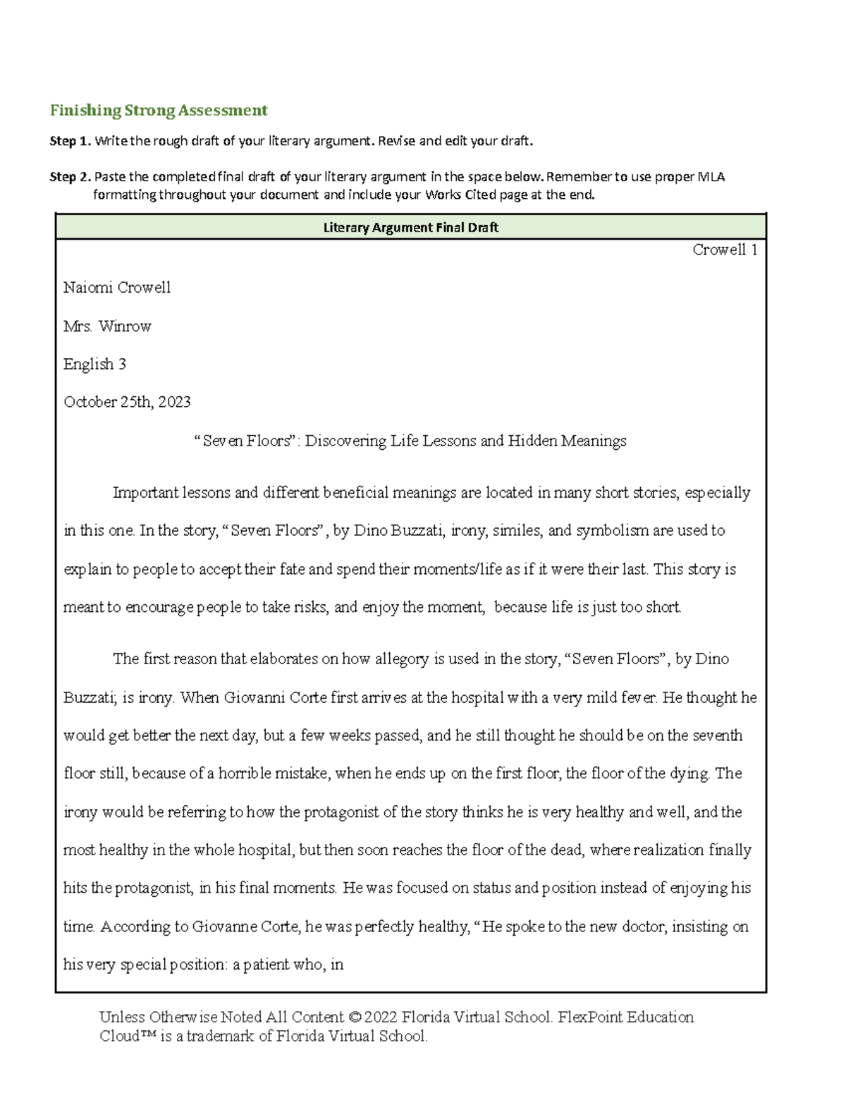 English 3 Literary Argument Rubric: Finishing Strong Assessment - Studocu