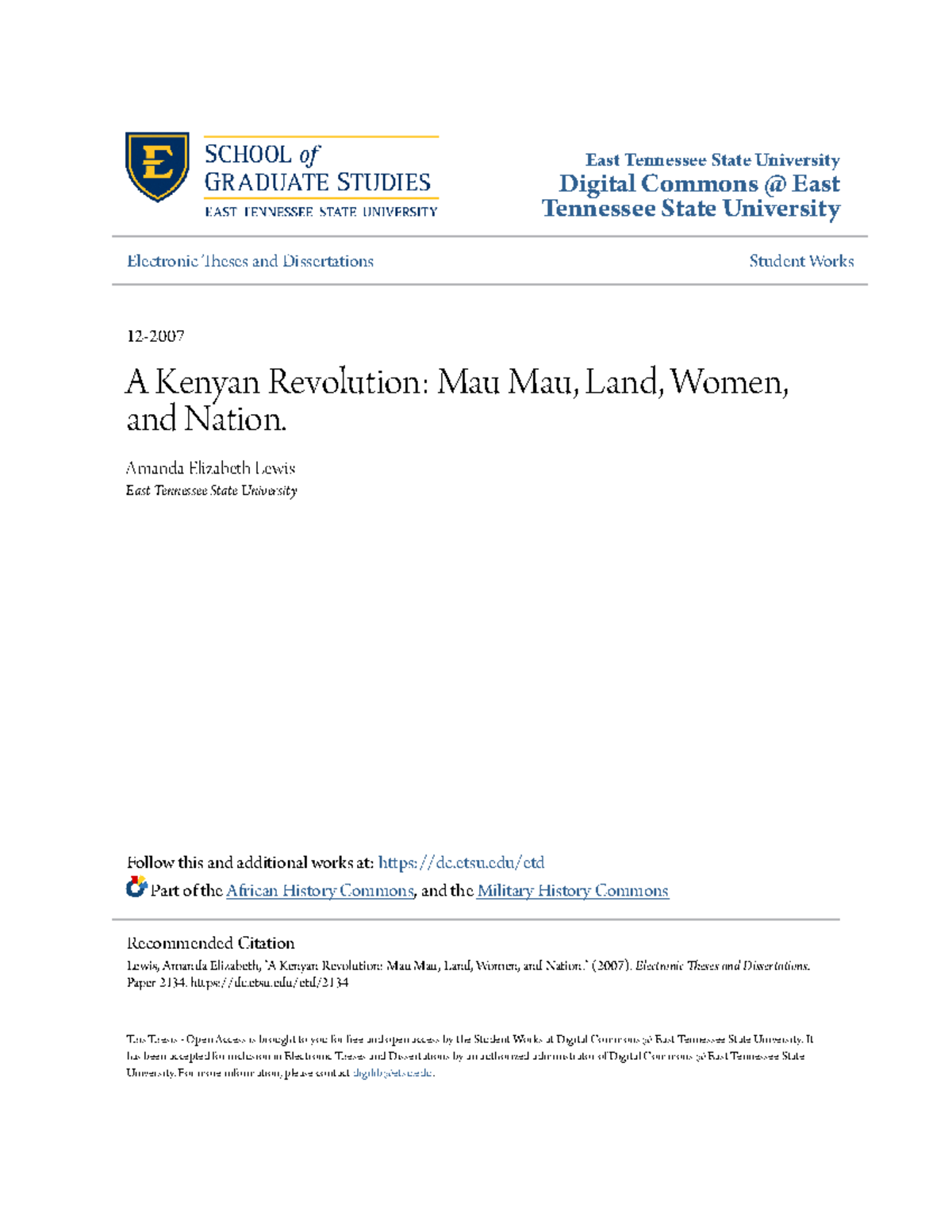 A Kenyan Revolution: Mau Mau, Land, Women, and Nation (MA History ...