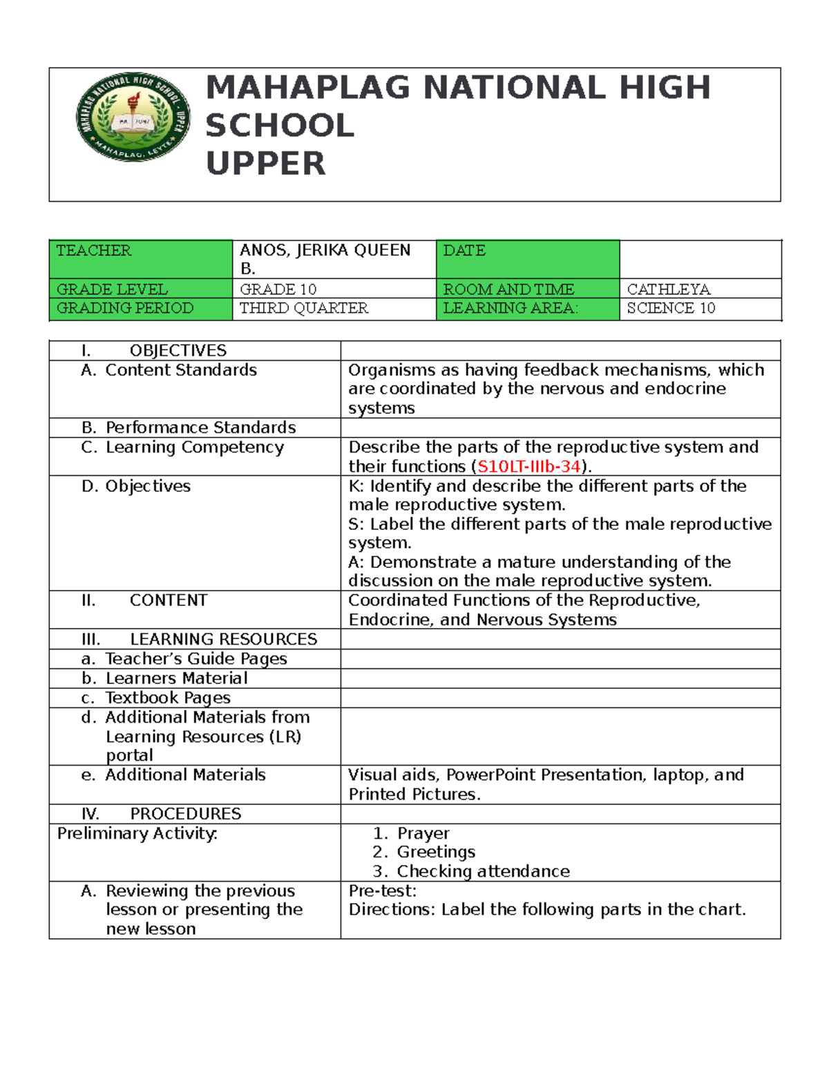 LP Grade 10 Lesson Plan: Male Reproductive System Overview - Studocu