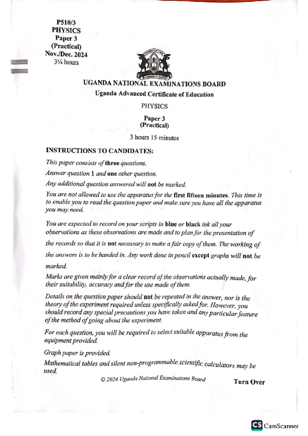 UACE Physics Paper 3 Practical Past Exam Nov-Dec 2024 - Studocu