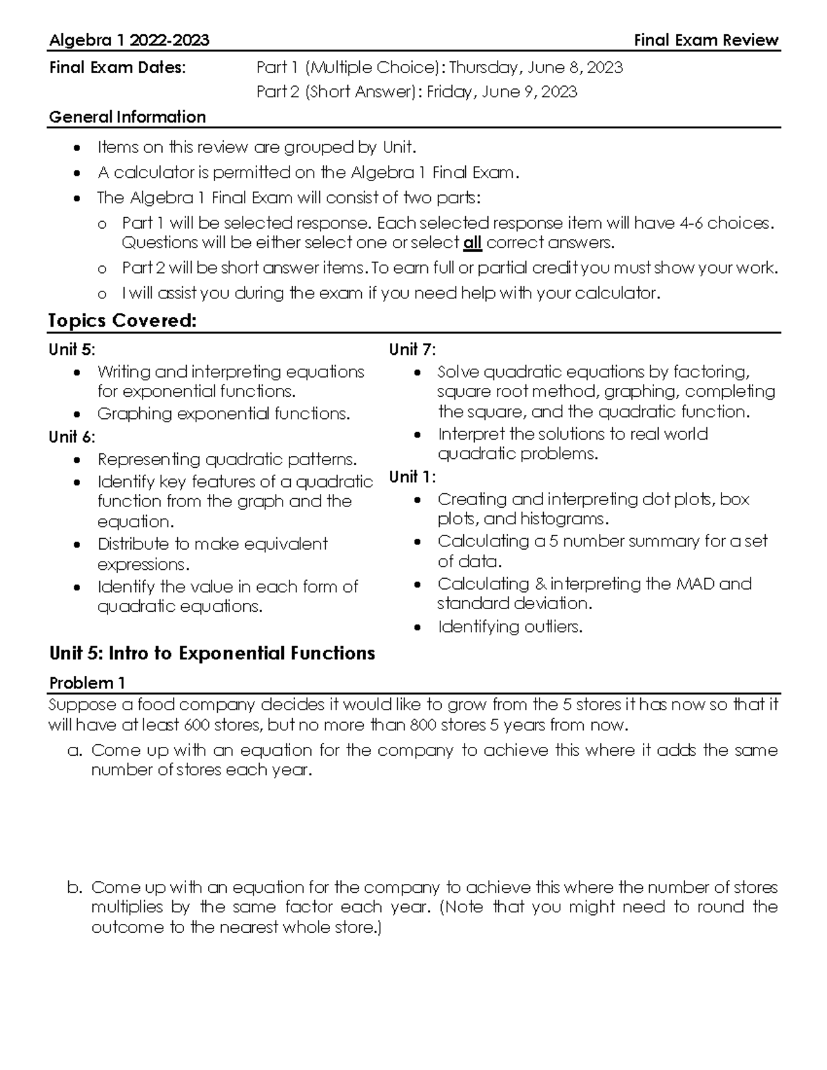 Algebra 1 Final Exam Review 2022-2023: Key Concepts and Problems - Studocu