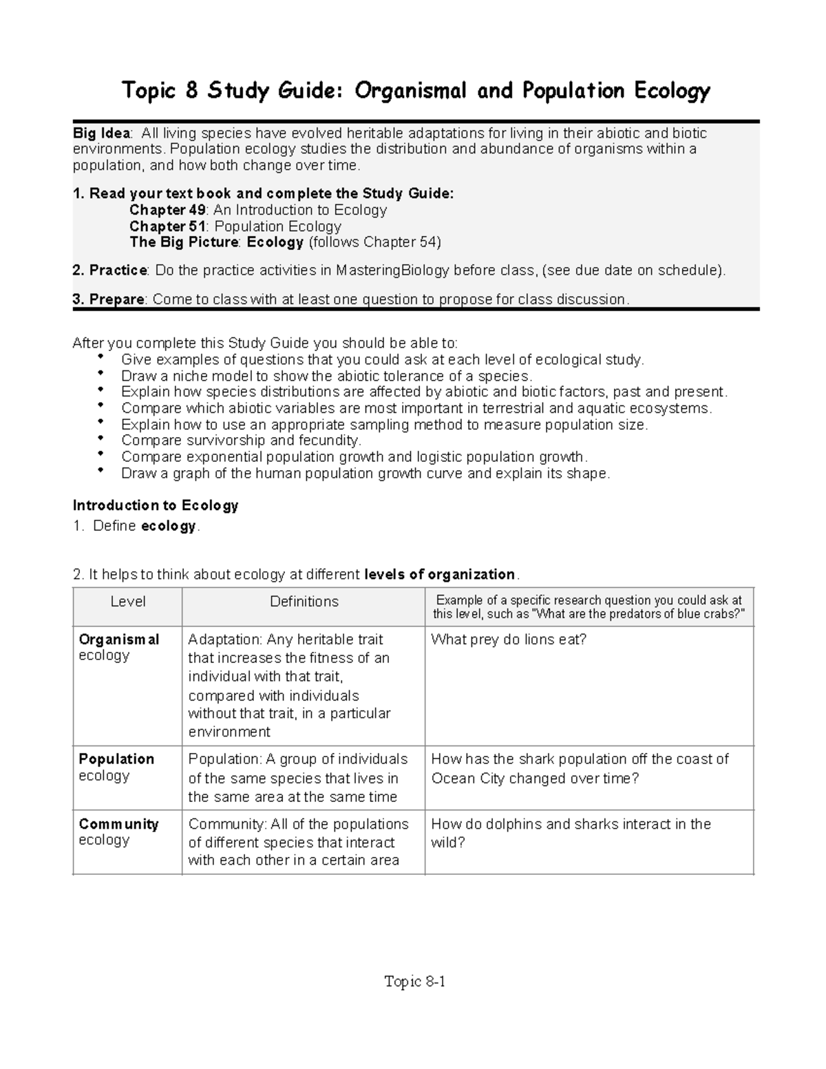 Topic 8 Study Guide PDF - Topic 8 Study Guide: Organismal and ...