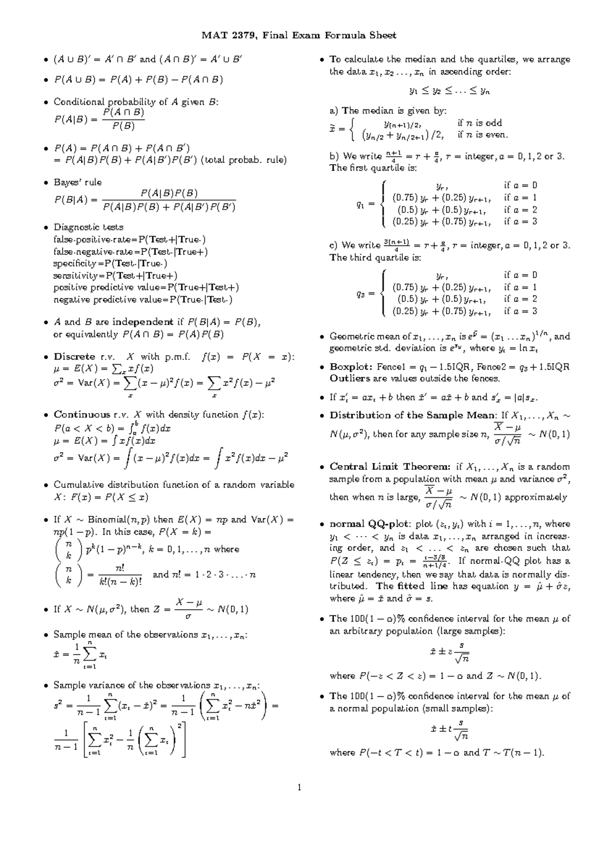 2379 final formula sheet - MAT 2379, Final Exam Formula Sheet (A ∪ B ...