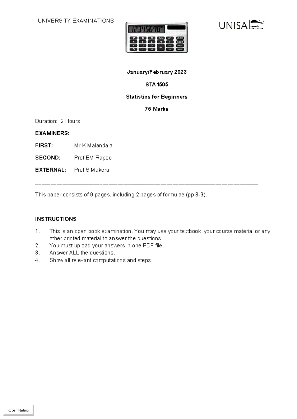 STA1505 JAN FEB 2023 - Practice Materials for Exam Prep - Studocu