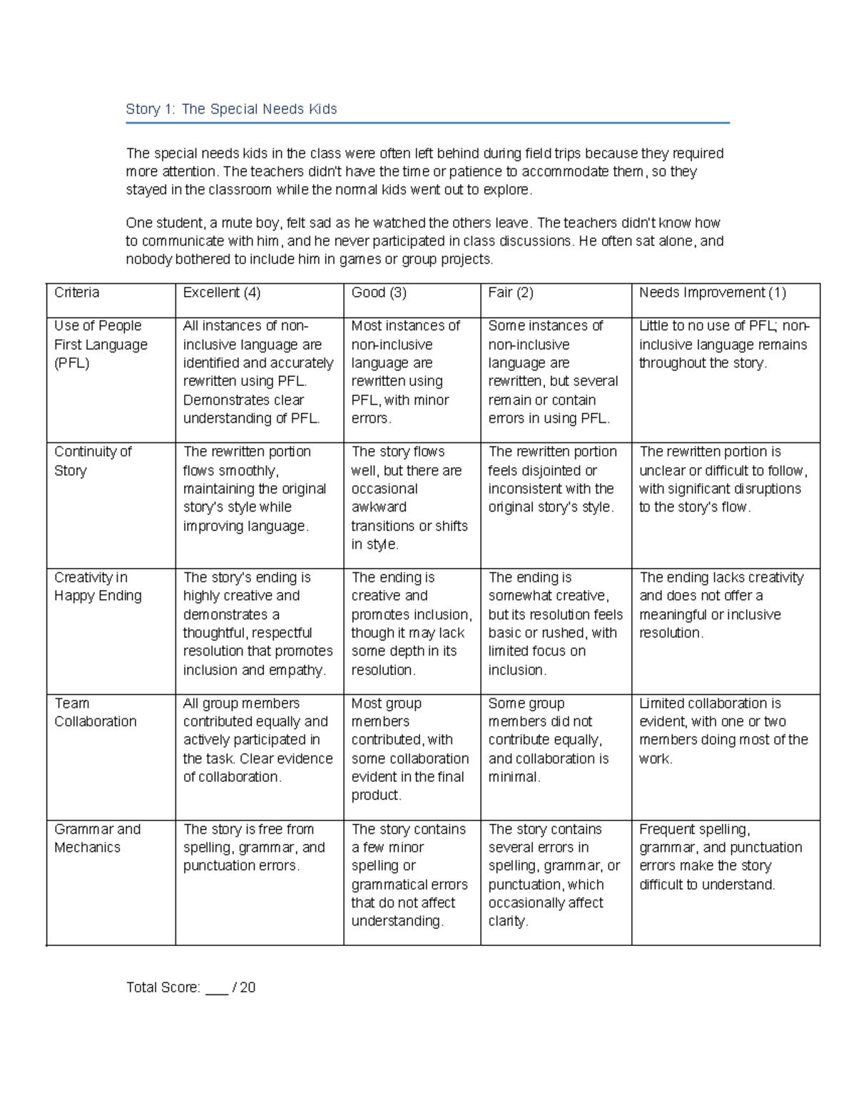 Analytical Rubric for Story Rewriting Activity - Story 1: The Special ...