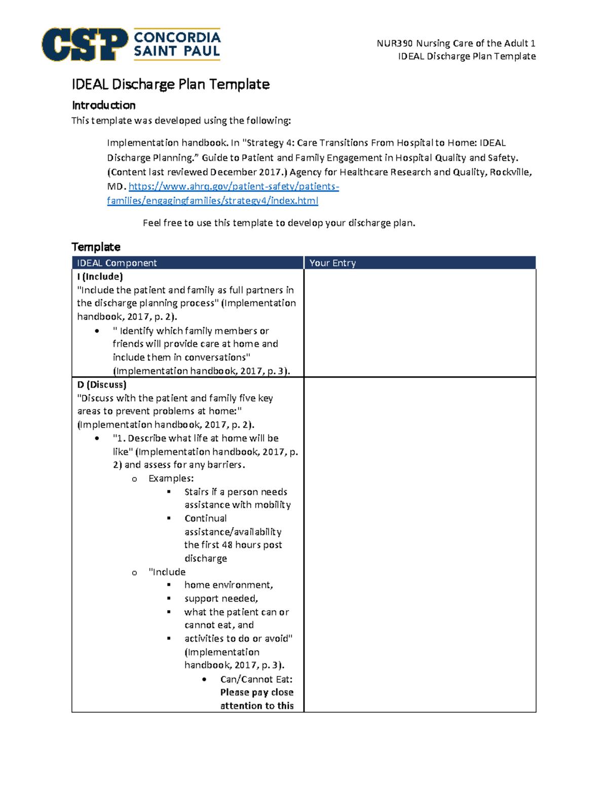 NUR390 Ideal Discharge Plan Template - IDEAL Discharge Plan Template ...