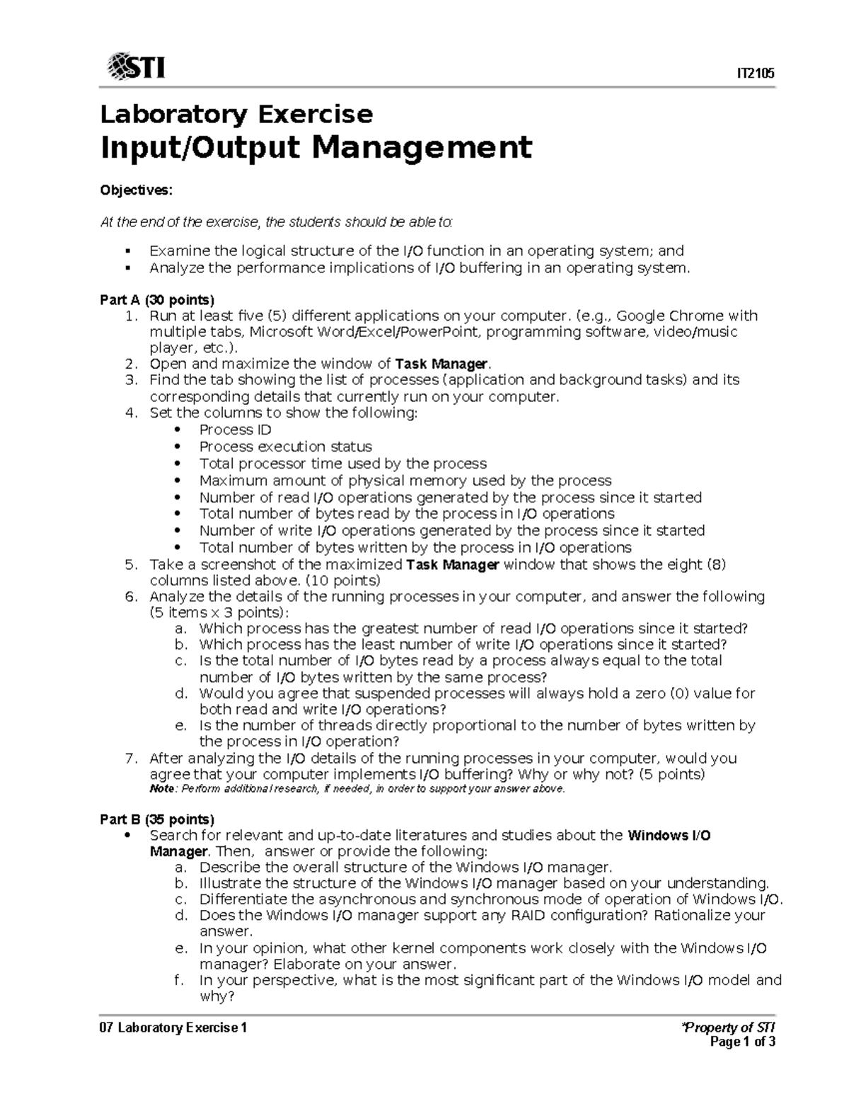 IT 07 Lab Exercise 1: I/O Management in Operating Systems - Studocu