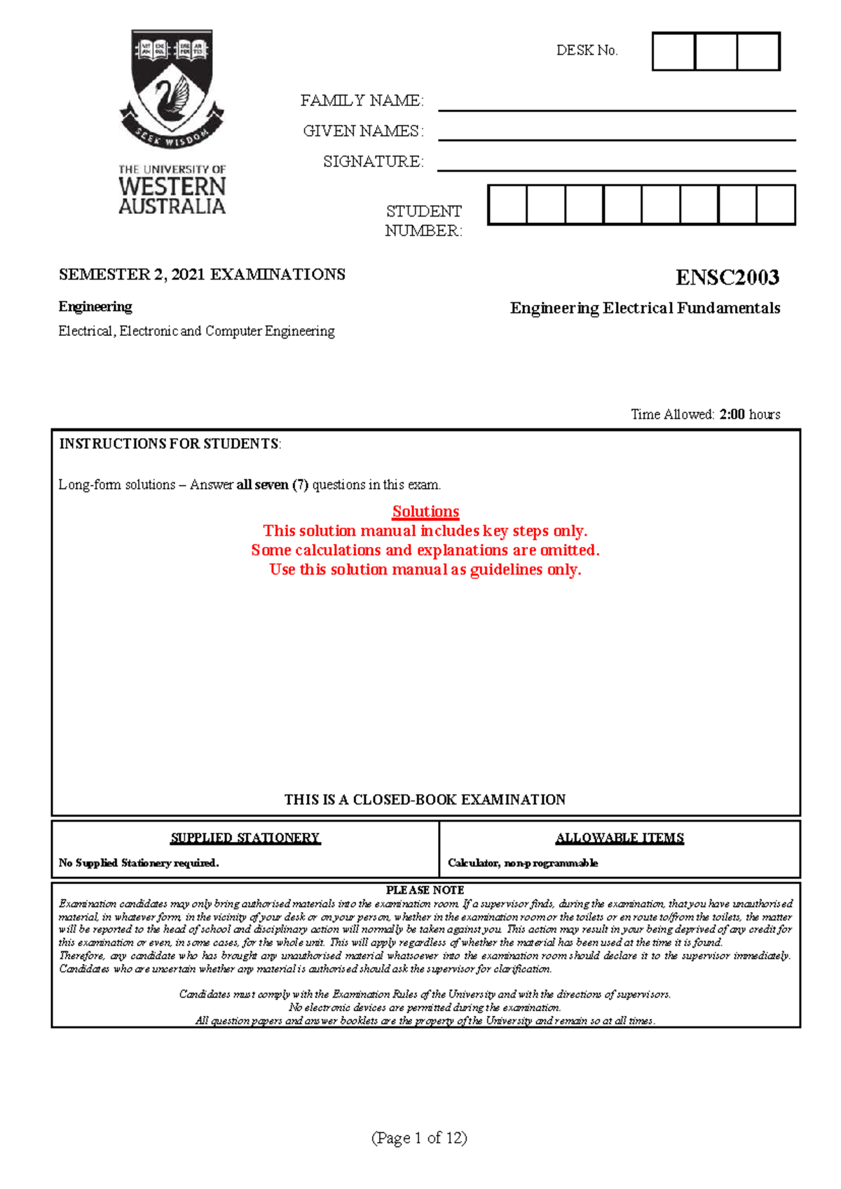 Exam ENSC2003 2021S2 Solutions: Electrical Fundamentals Guide - Studocu