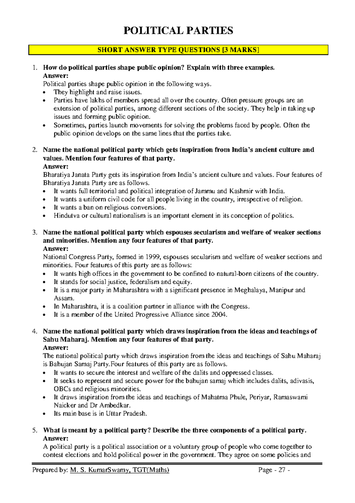 03 Political Parties: Key Questions and Answers for Understanding - Studocu