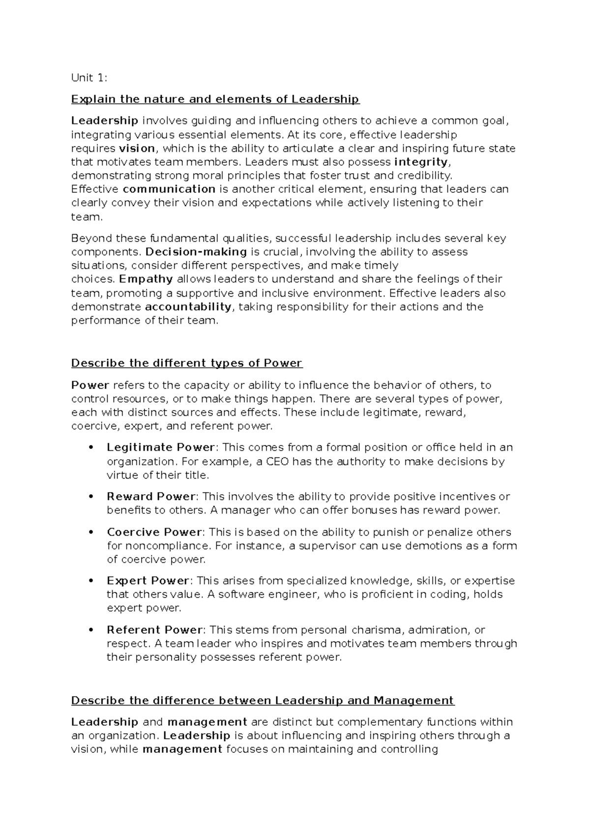 Unit 1: Nature, Elements of Leadership & Types of Power - Studocu