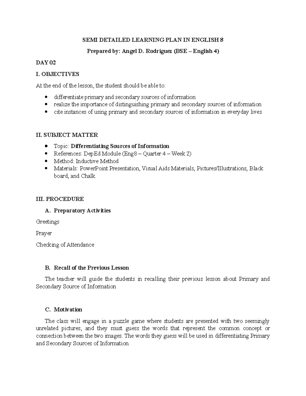 Grade 8 Lesson Plan: Primary & Secondary Sources (DAY 01) - Studocu