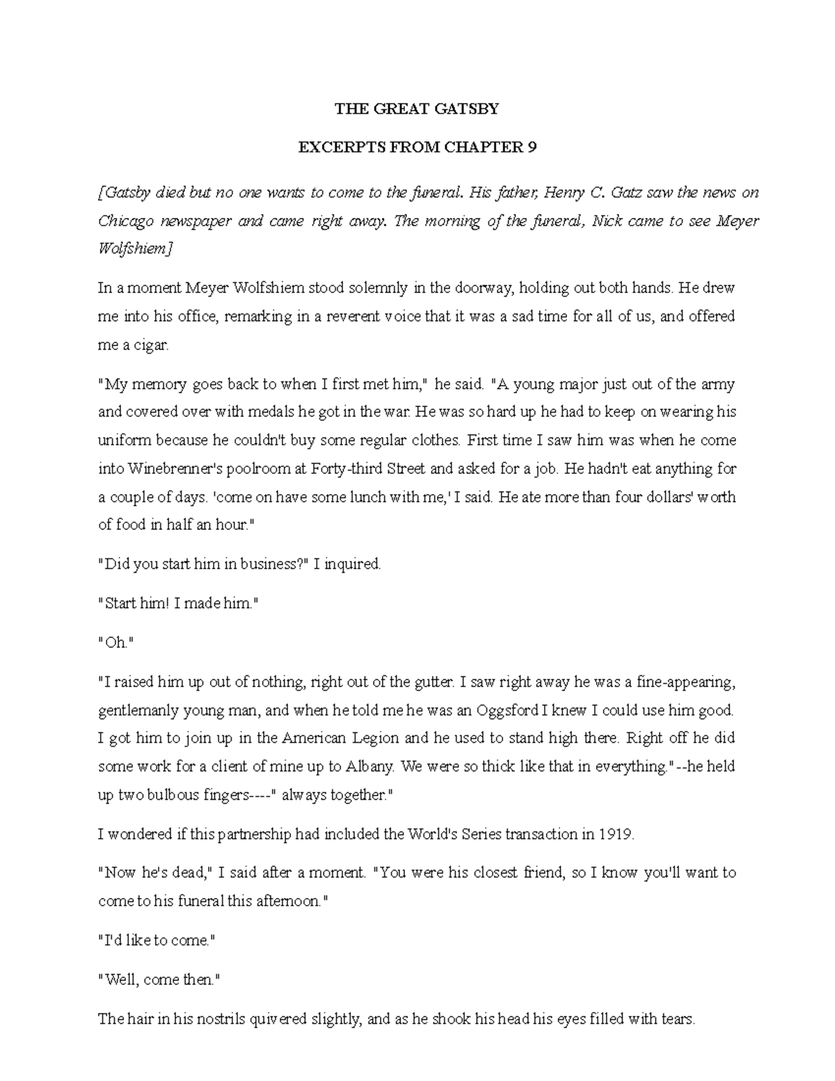 THE Great Gatsby excerpt - THE GREAT GATSBY EXCERPTS FROM CHAPTER 9 [Gatsby died but no one ...
