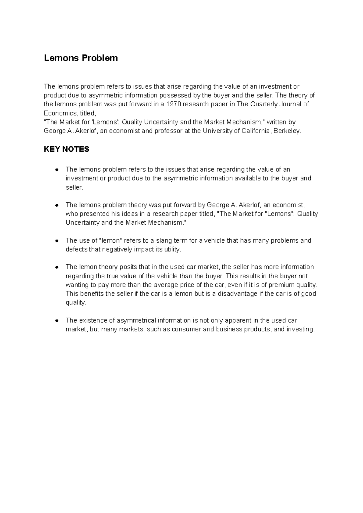 Lemons Problem - Micro economics study material - Lemons Problem The lemons problem refers to ...