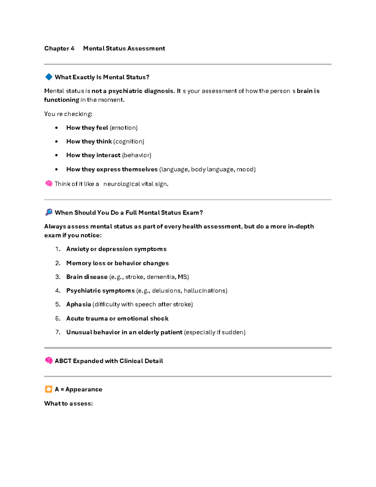 HASS Chapter 4: Mental Status Assessment and Key Considerations - Studocu