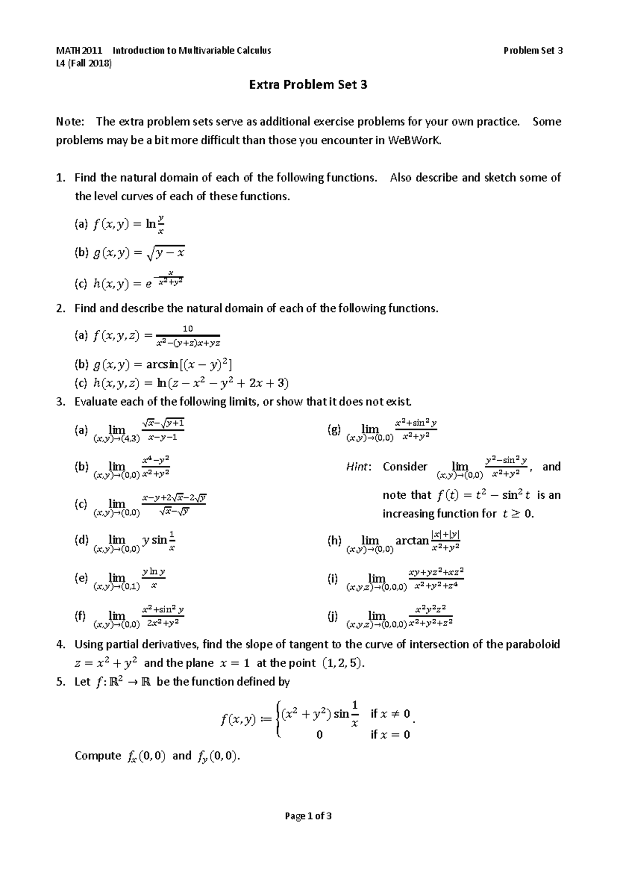 MATH2011 Final Exam Problem Set 3 - Multivariable Calculus Exercises ...
