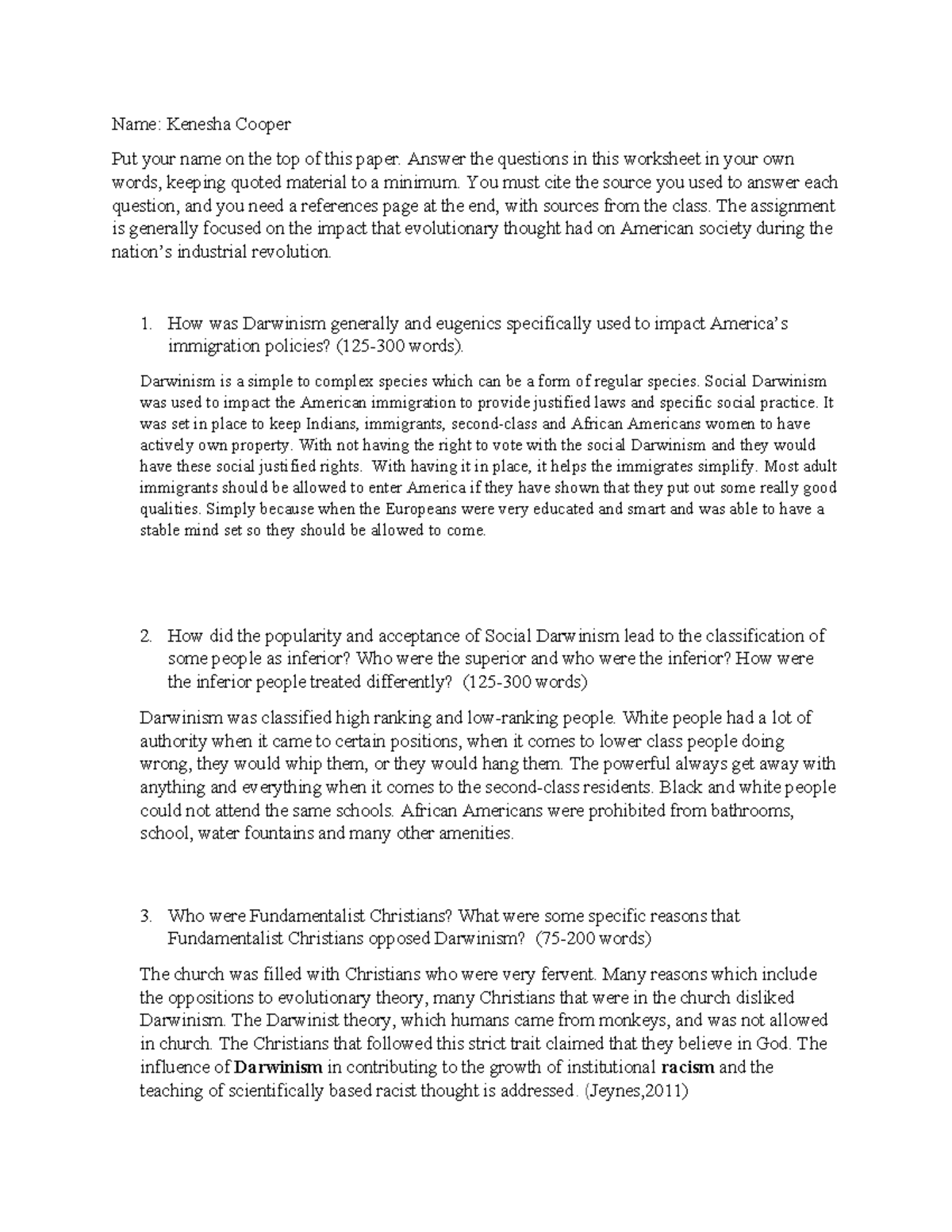 Darwinism's Impact on U.S. Society Worksheet (Sociology 101) - Studocu
