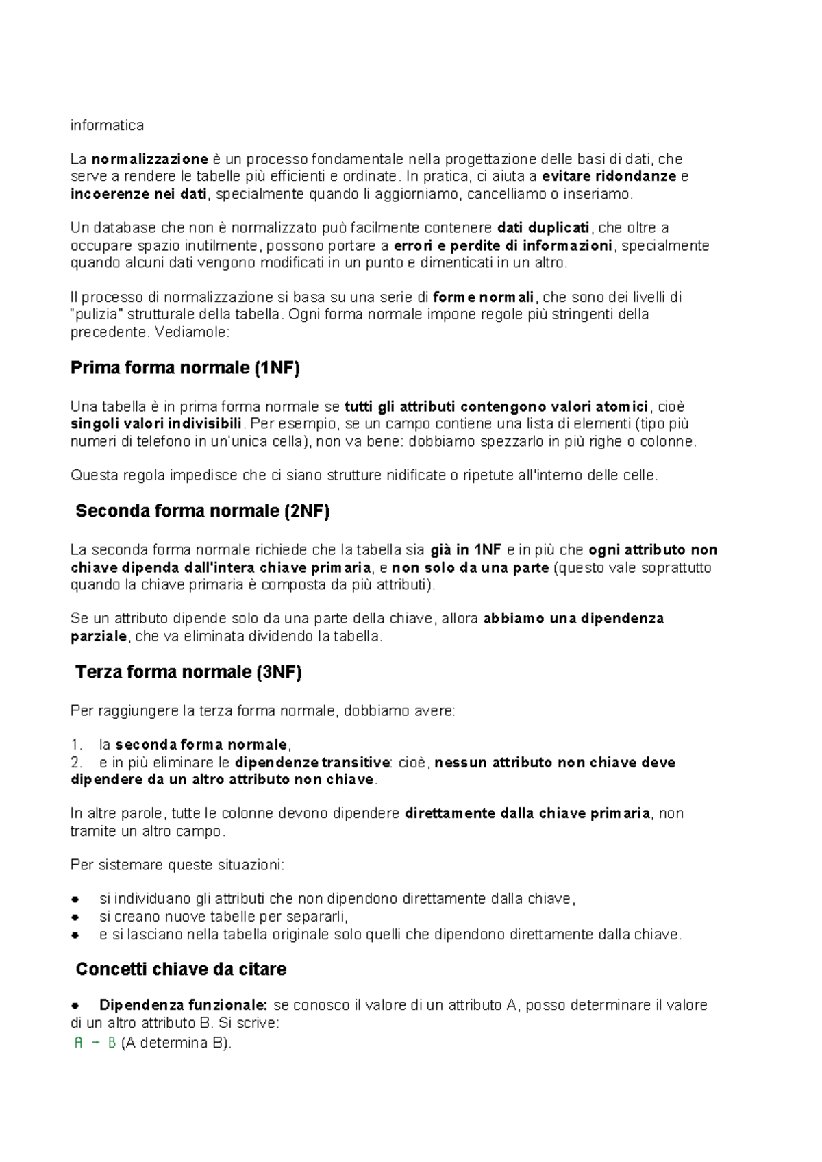 Informatica: Appunti sulla Normalizzazione delle Basi di Dati - Studocu