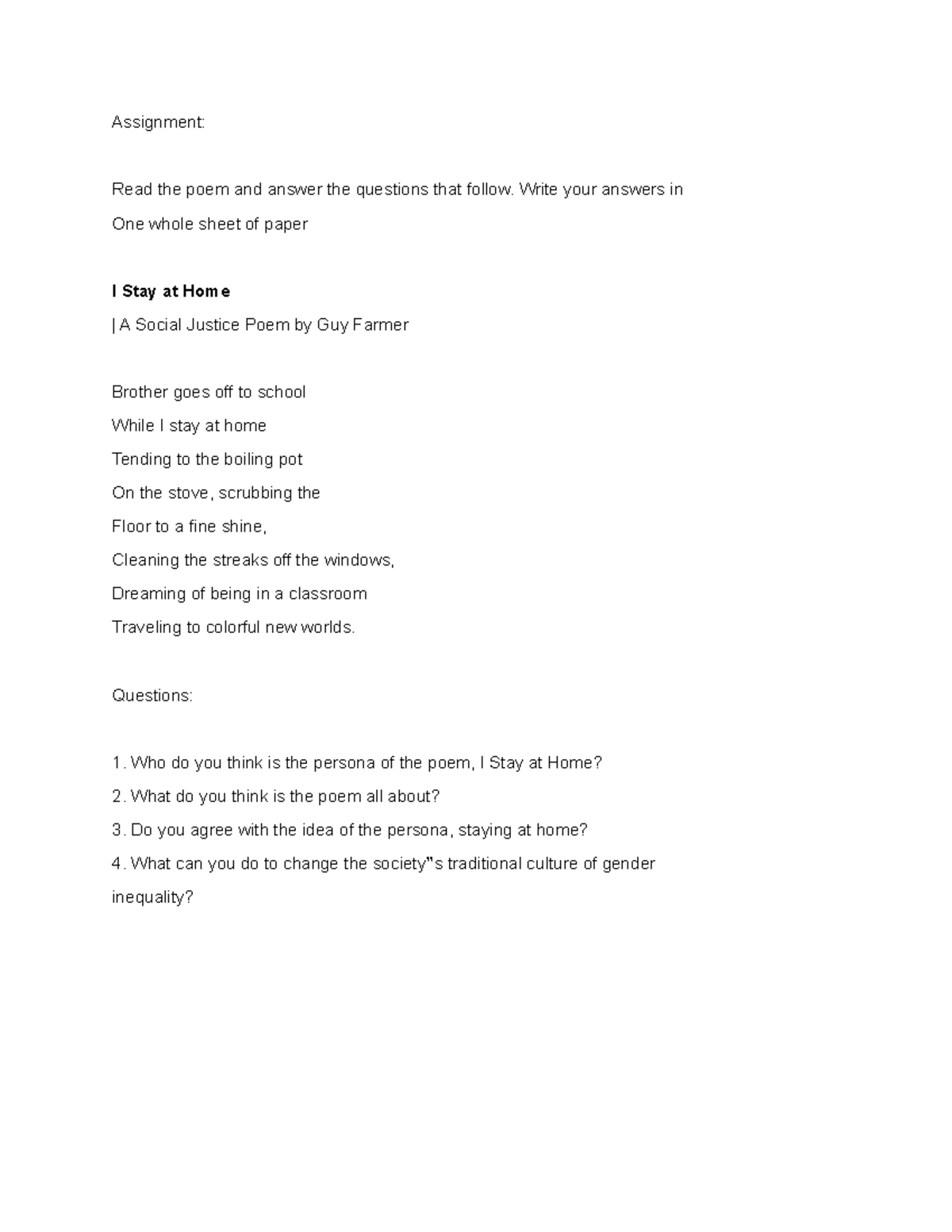 Assignment - Analysis of "I Stay at Home" Poem Questions - Studocu