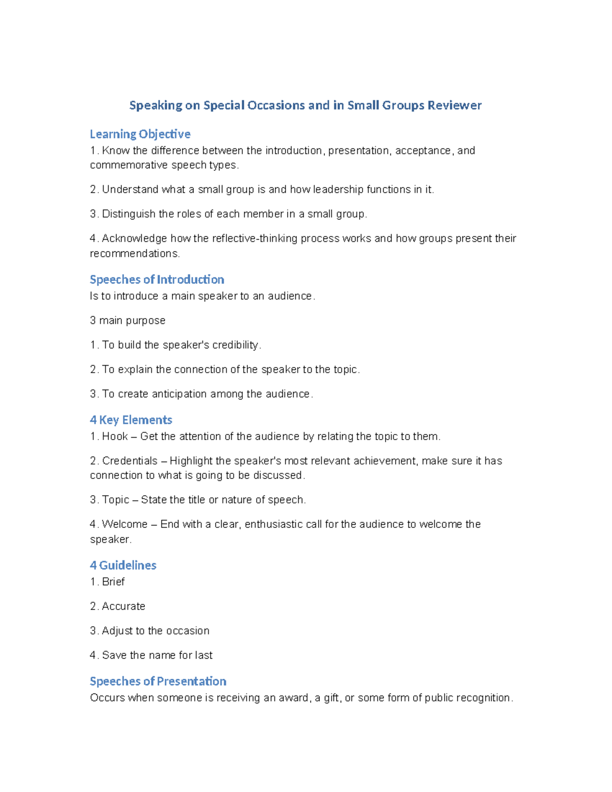 Speaking on Special Occasions: Types of Speeches & Group Dynamics - Studocu