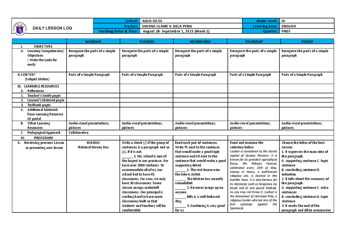 DLL English 4 Q1 W1 Lesson Plan: Parts of a Simple Paragraph - Studocu
