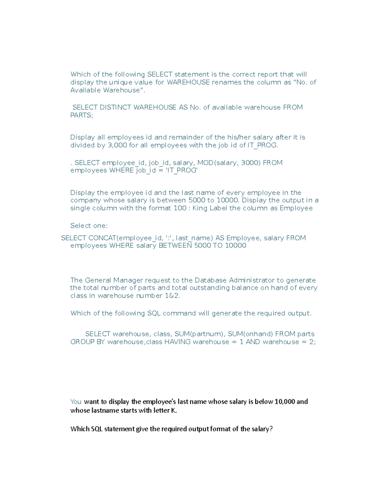 Baed prog3114 programming quiz and exam answers - Which of the following SELECT statement is the ...