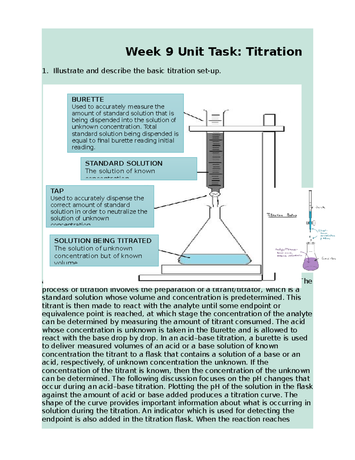 WEEK 9 LAB Activity- Titration - Week 9 Unit Task: Titration Illustrate and describe the basic ...