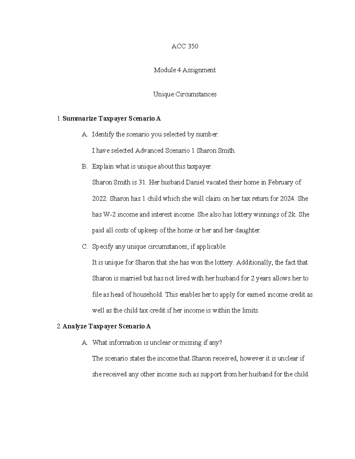 ACC 350 Module 4 Assignment: Unique Taxpayer Scenarios Analysis - Studocu