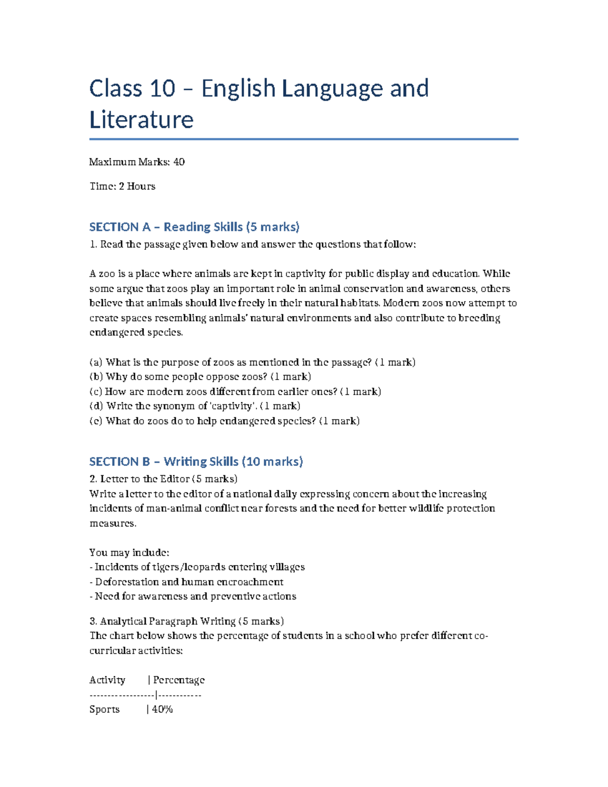Class 10 English Language & Literature 40 Marks Exam Paper - Studocu
