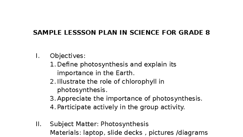 Grade 8 Science Lesson Plan: Understanding Photosynthesis - Studocu