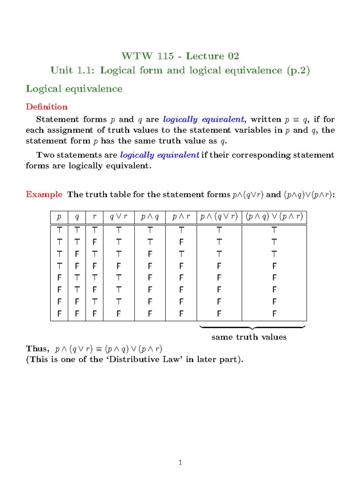 WTW 115 Lecture 02: Logical Form & Equivalence (Unit 1.1) - Studocu