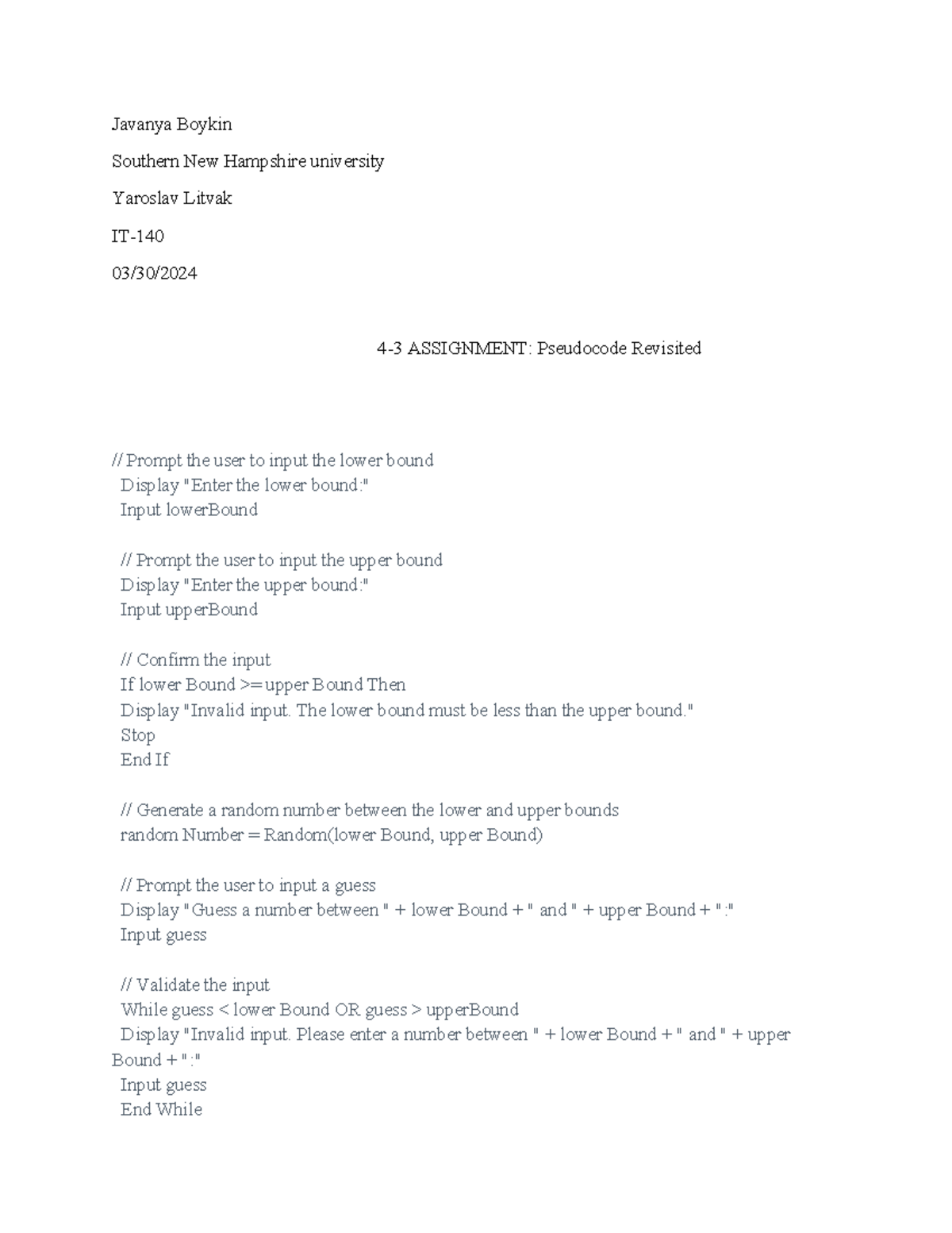 4-3 Assignment: Pseudocode for User Input Validation and Random Number - Studocu