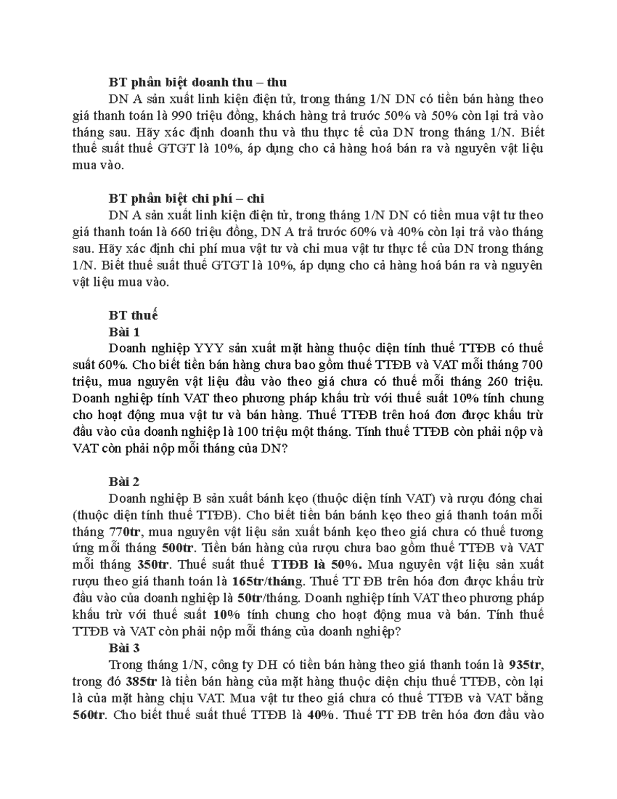 BT Thuế và Doanh Thu - Phân Biệt Doanh Nghiệp A và B Chương 2 - Studocu