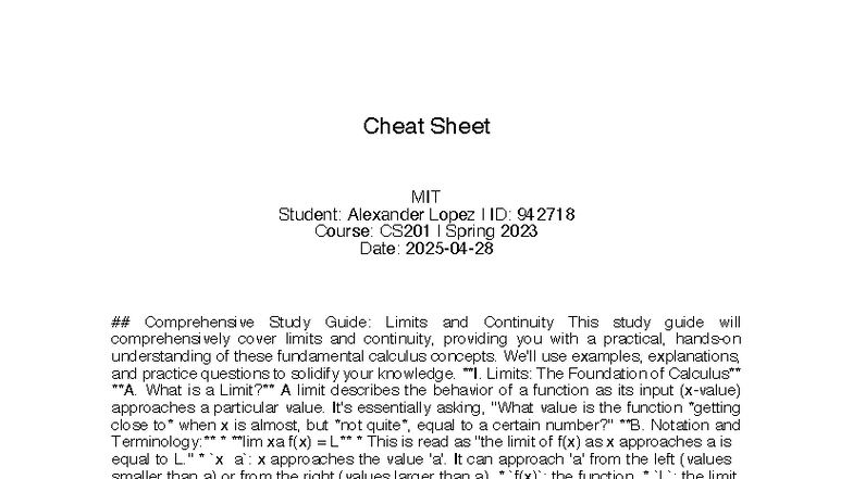 Comprehensive Study Guide: Limits and Continuity for CS201 - Studocu