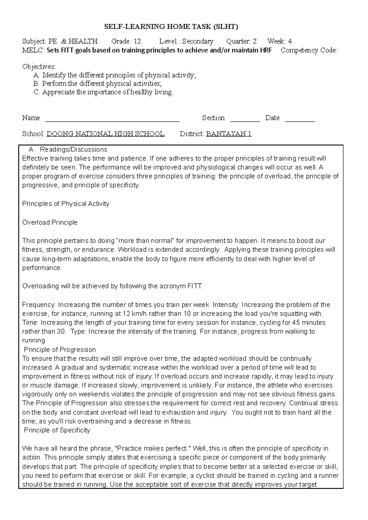 SLHT- Q2 WEEK 4 PE AND Health 12-1 - SELF-LEARNING HOME TASK (SLHT ...