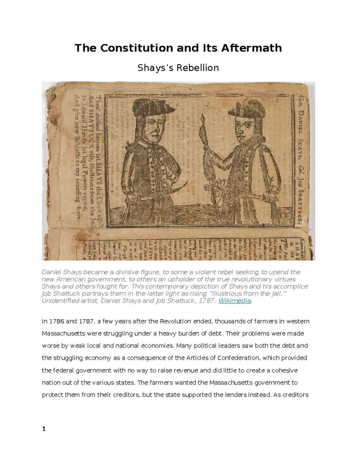 Constitution and Aftermath: Shays' Rebellion and Its Impact on ...