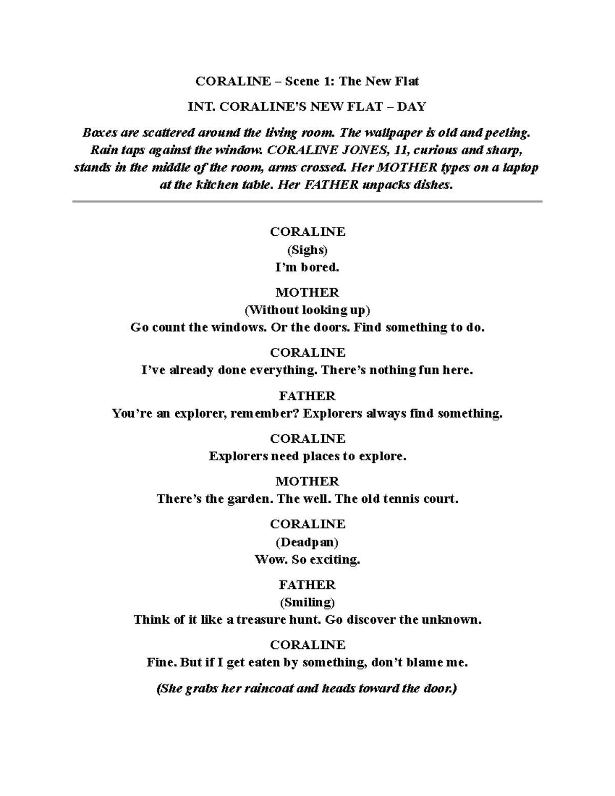 CORALINE Scene 1: The New Flat - Script Analysis & Insights - Studocu